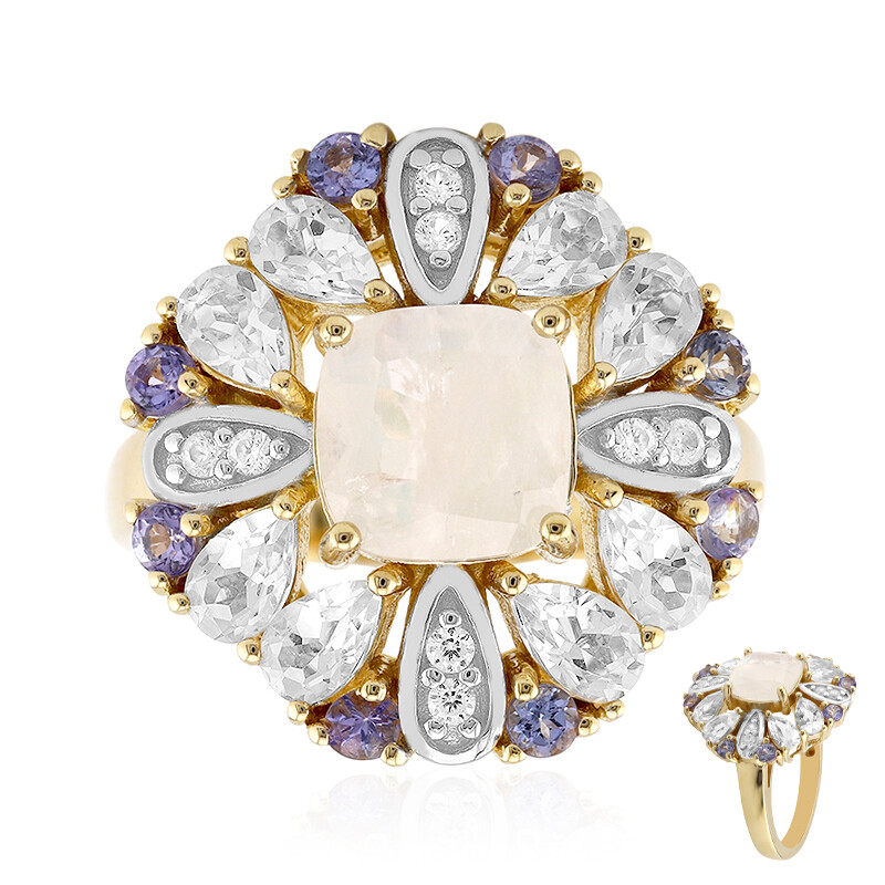 Anello in argento placcato oro con pietra lunare indiana, 2,043 carati